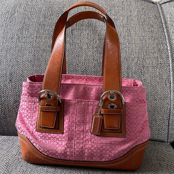 Coach | Bags | Coach Pink Jacquard Mini Monogram Soho Satchel With Tan ...